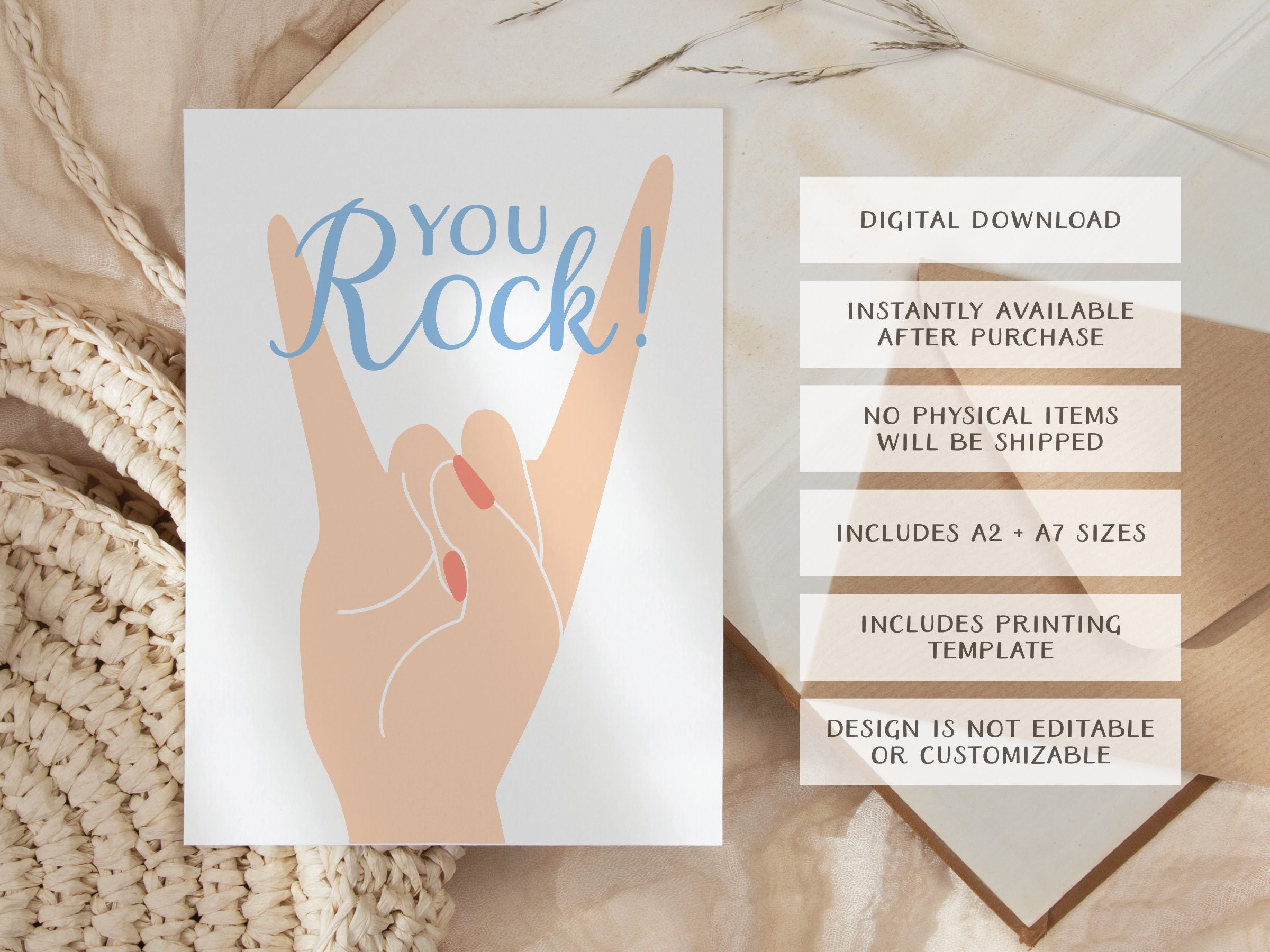DIY Printable Greeting Card – A2 and A7 Size – You Rock! Thank You ...