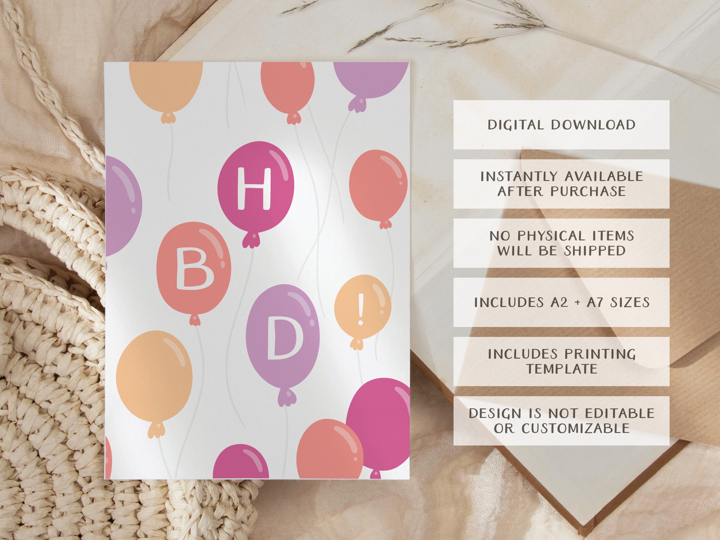 DIY Printable Greeting Card A2 and A7 Size HBD Balloons - Etsy