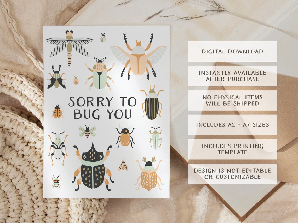 DIY Printable Greeting Card – A2 and A7 Size – Sorry to Bug You Beetles ...