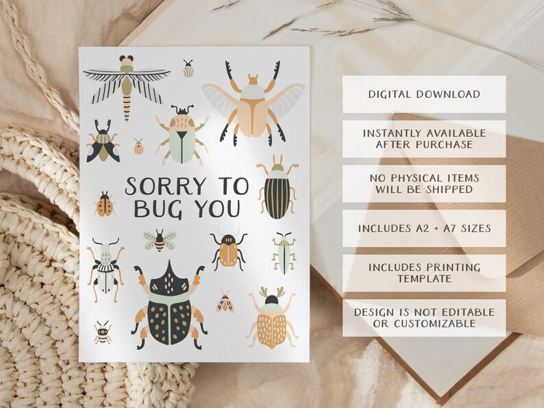DIY Printable Greeting Card – A2 and A7 Size – Sorry to Bug You Beetles ...