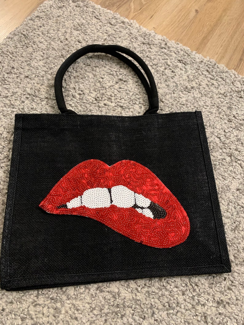 Luxury Personalized Lips Medium Size Jute Tote Bag, Jute Bag, Shopping ...