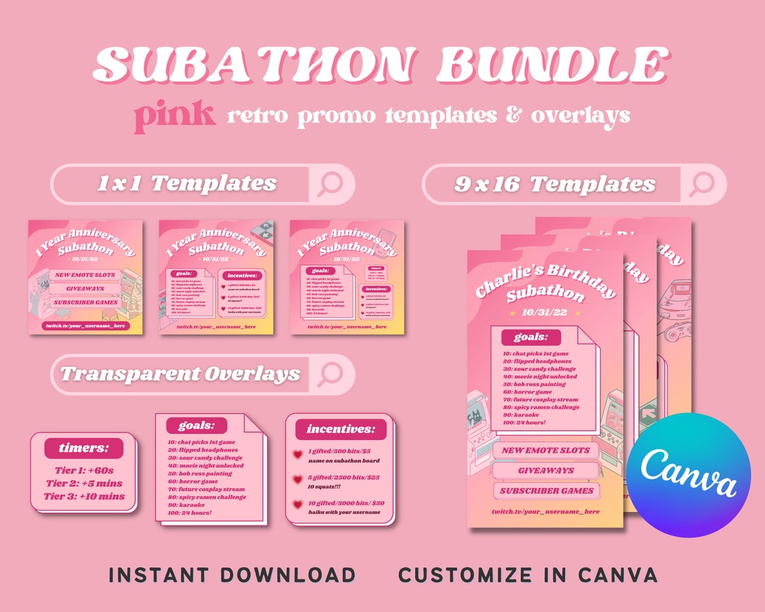 Pink Retro Subathon Bundle: Twitch Streamer Templates (CANVA) - Etsy