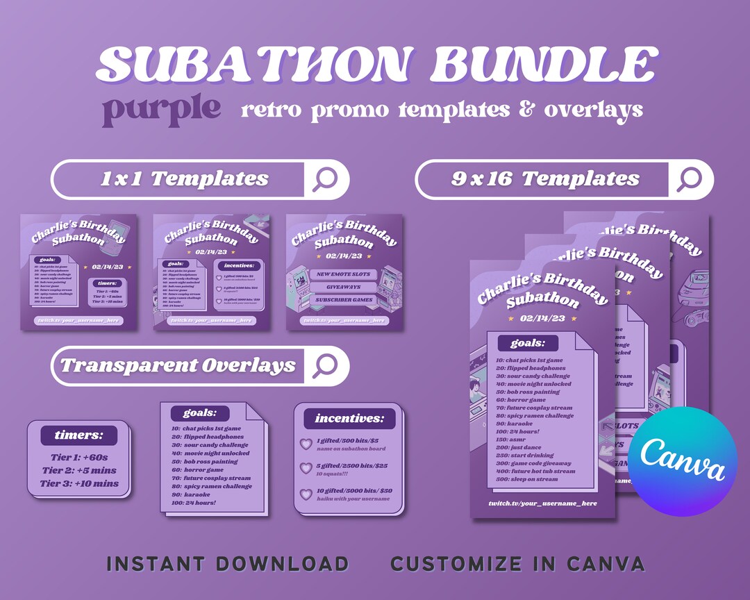 Purple Retro Subathon Bundle: Twitch Streamer Templates (CANVA Template ...