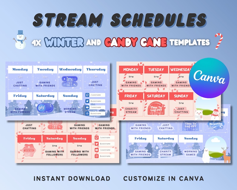 4x WINTER + Candy Cane Stream Schedules | CUSTOMIZABLE Canva Templates ...