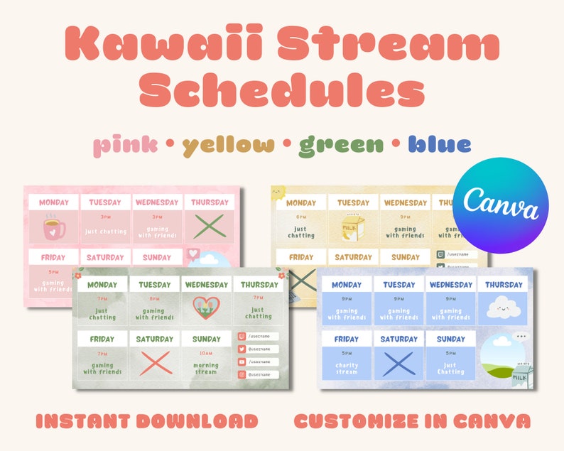 Pastel Kawaii Stream Schedule Bundle Editable Canva - Etsy