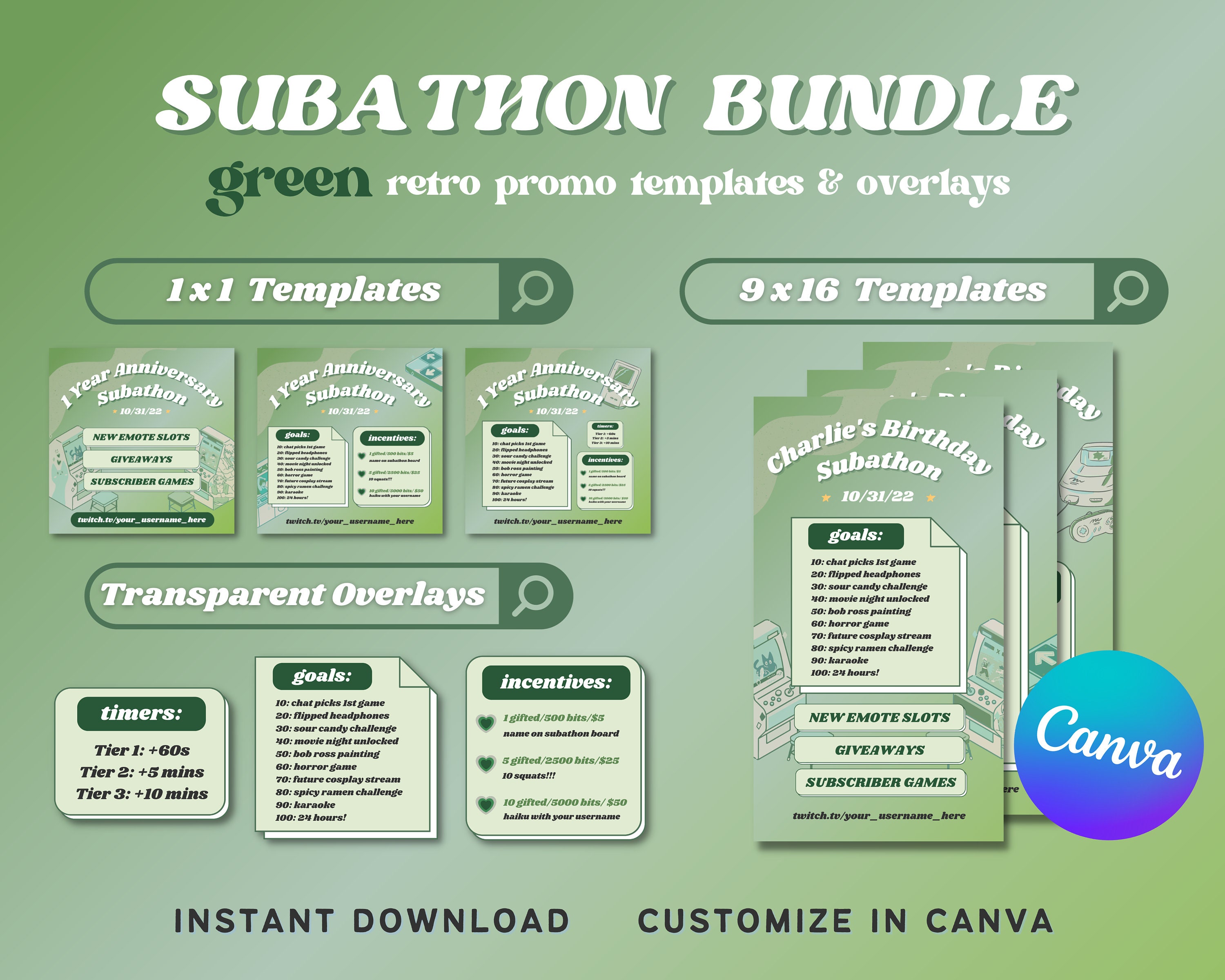 Green SUBATHON Social Media Bundle | Retro Gaming Theme for Twitch ...