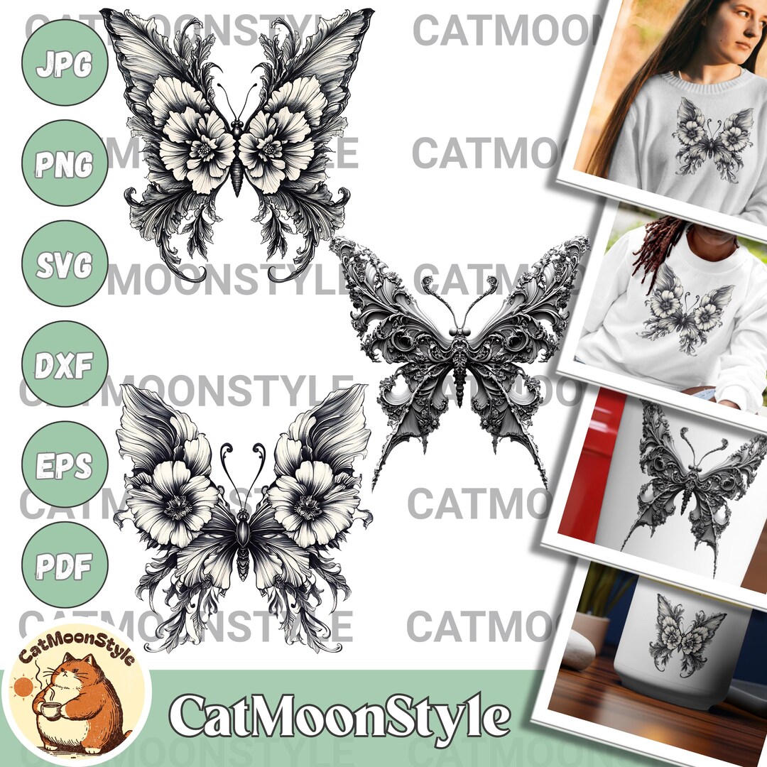 Gothic Butterfly & Roses Clipart: Black and White Floral SVG, PNG ...