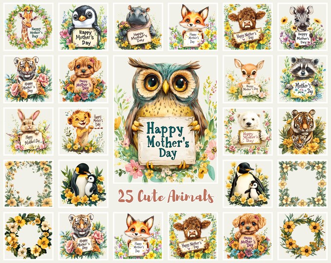 Cute Mother's Day Animals Clipart PNG Bundle, Baby Animals, Mother Day ...