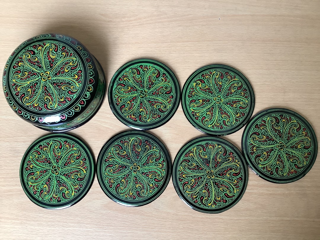Handmade Burmese Lacquerware Circle Coasters With Flower Painting (set ...