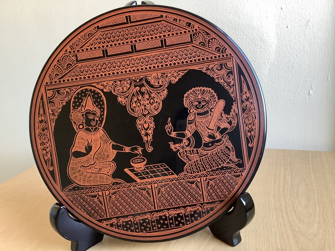 Burmese Lacquered Monks Praying Handmade Food Serving Plate Mat Circle ...
