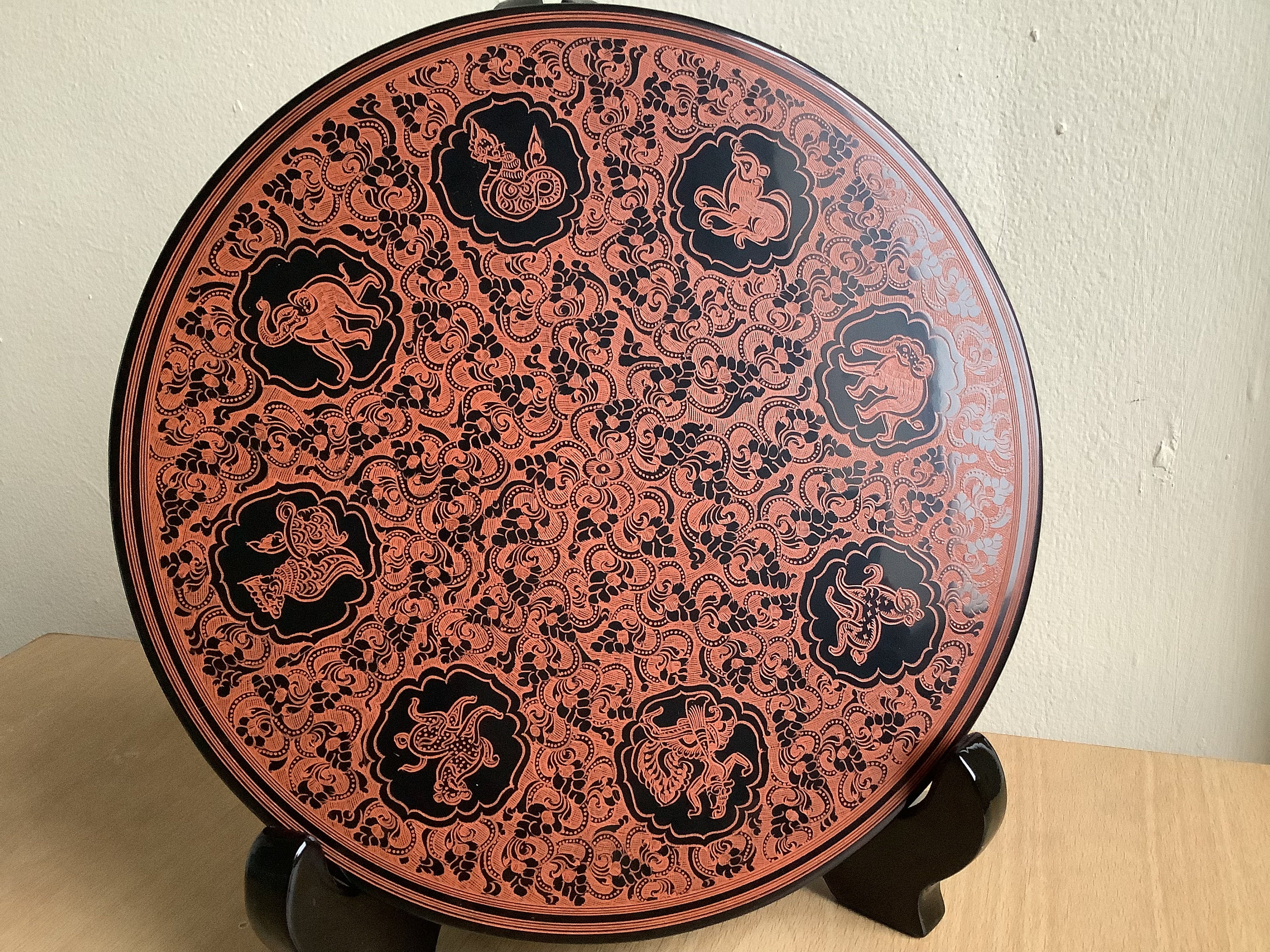 Burmese Lacquered Burmese Zodiac Sign Circle With Big Flowers of ...