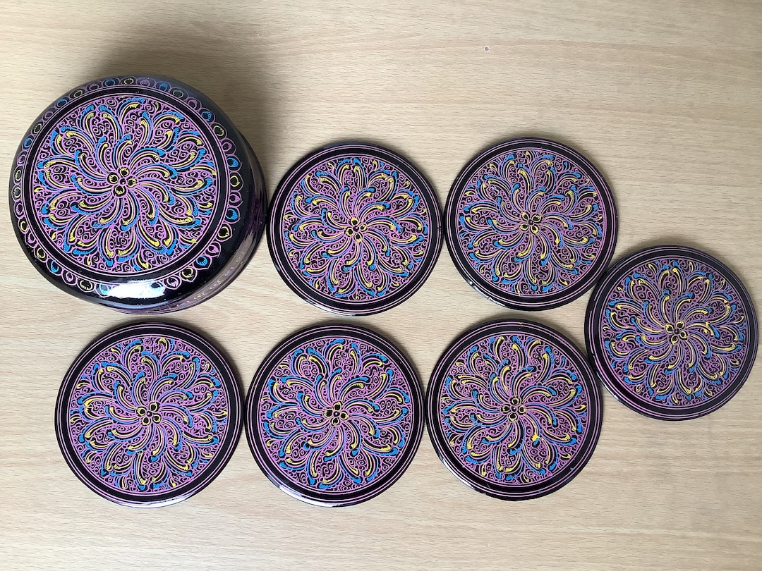Handmade Burmese Lacquerware Circle Coasters With Flower Painting (set ...