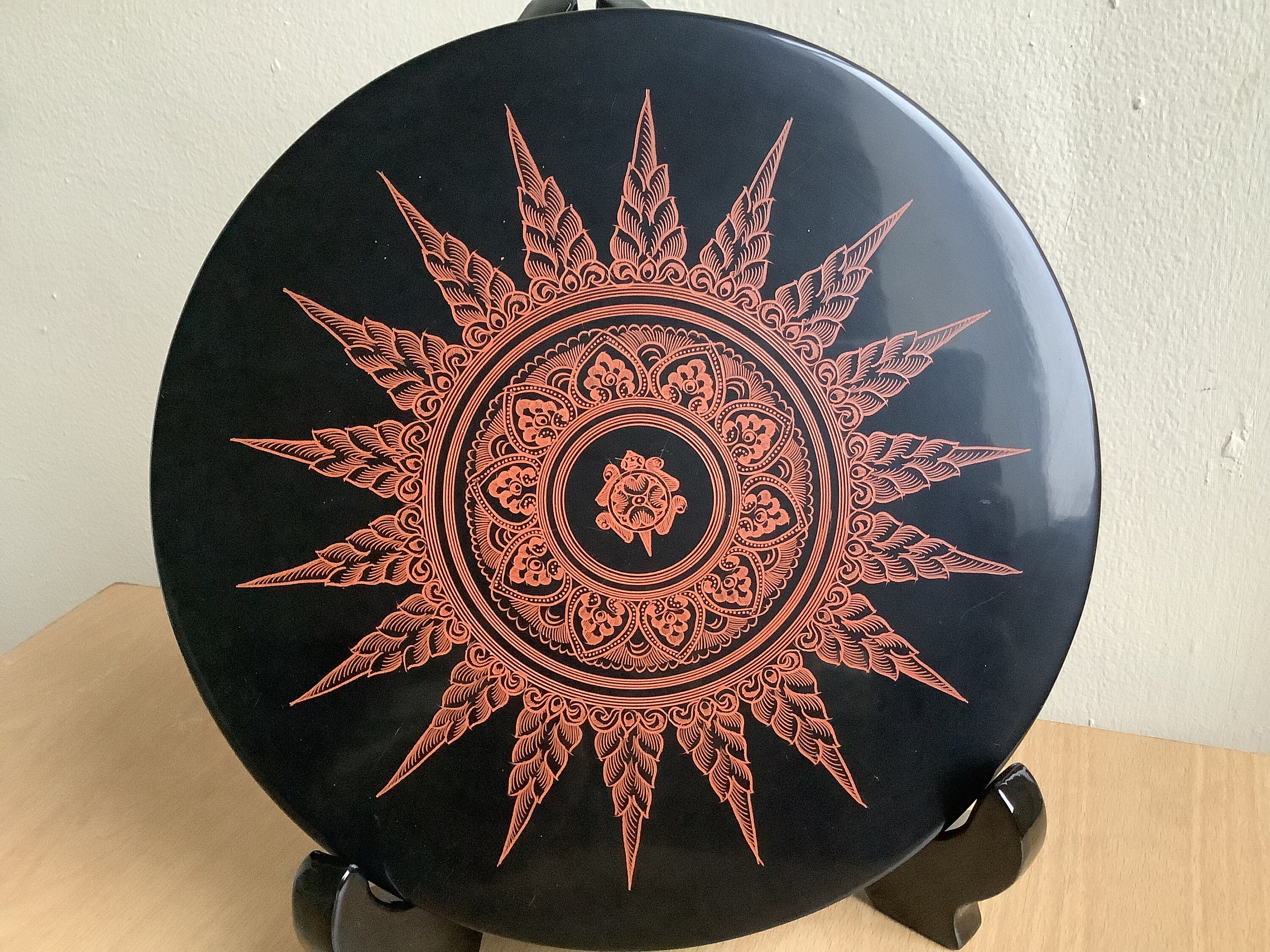 Burmese Lacquered Burmese Zodiac Sign Circle With Big Flowers of ...