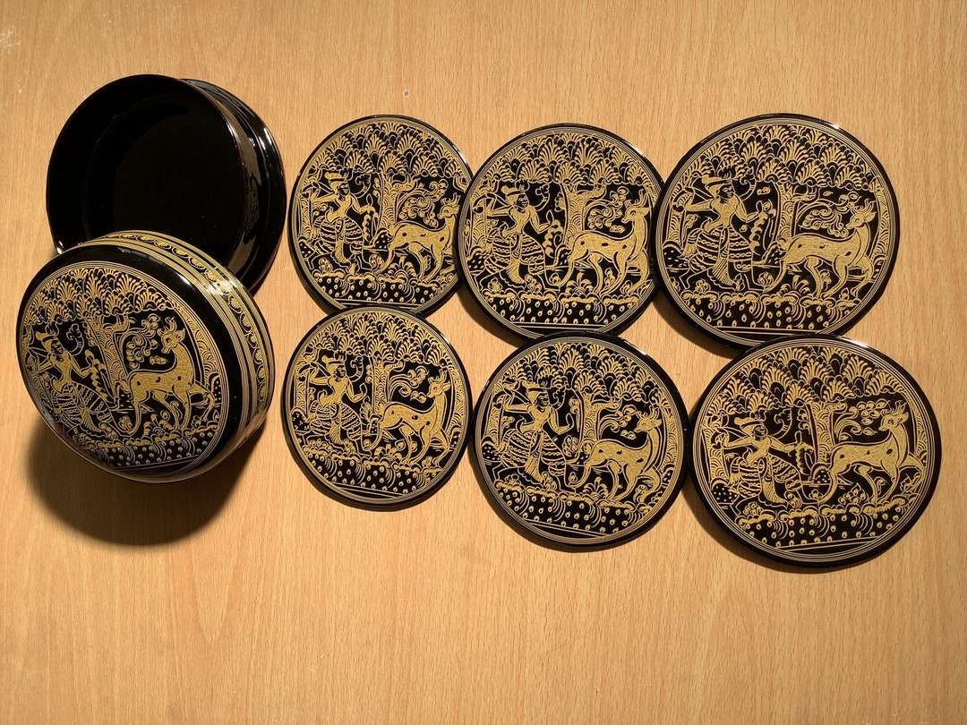 Handmade Burmese Lacquerware Circle Coasters With Deer & Princess ...