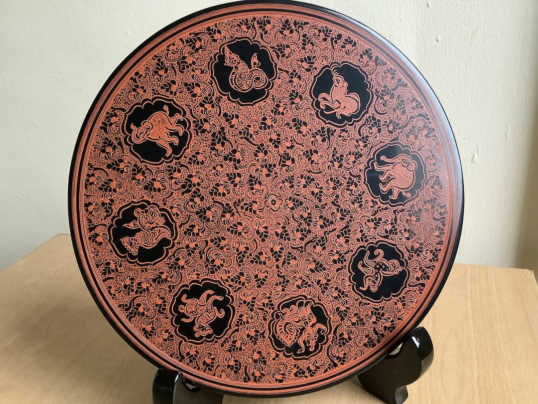 Burmese Lacquered Burmese Zodiac Sign Circle With Small Flowers of ...