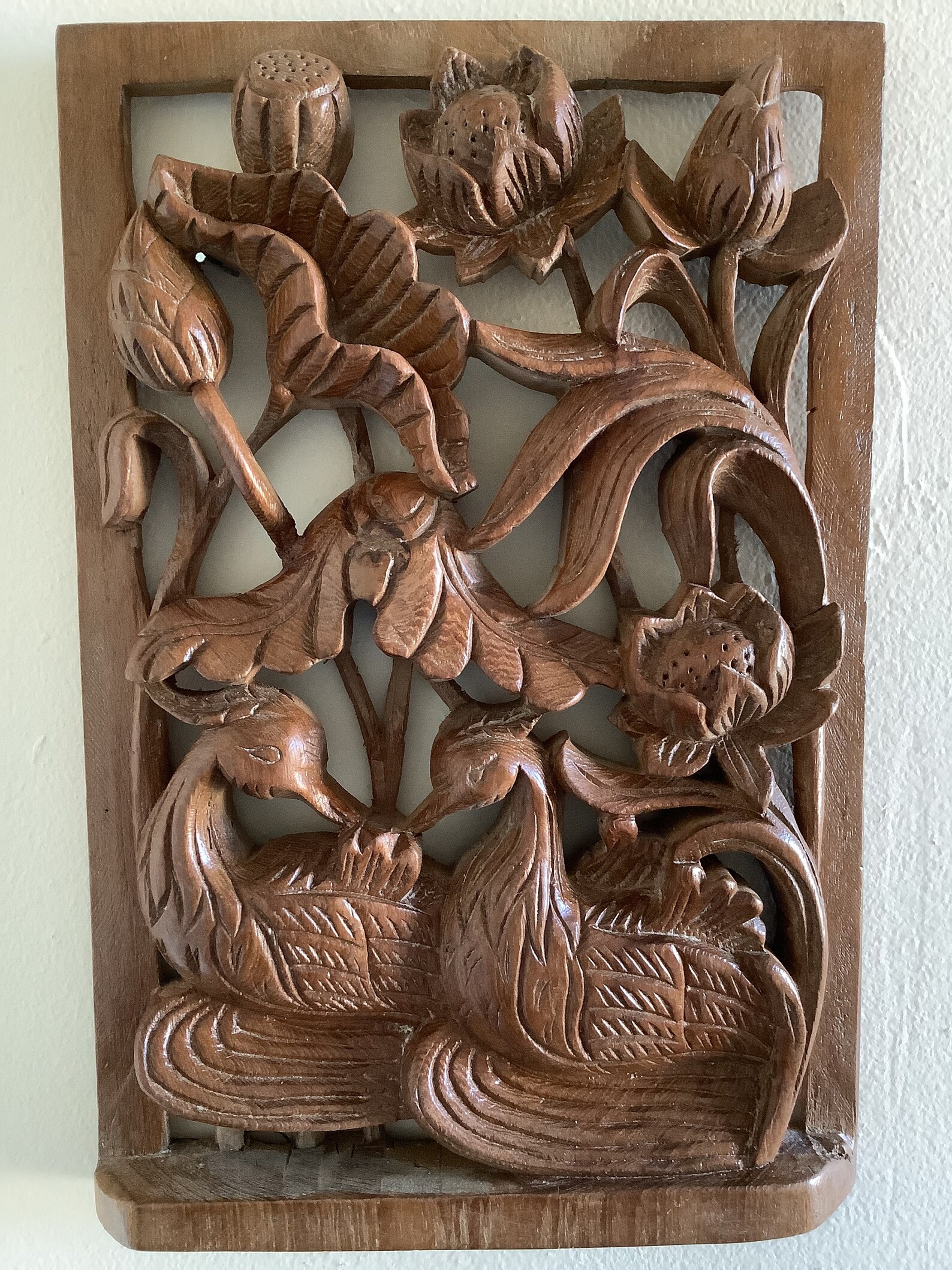 Burmese Handmade Wooden Carved Square of Lotus Flowers & a Couple of ...