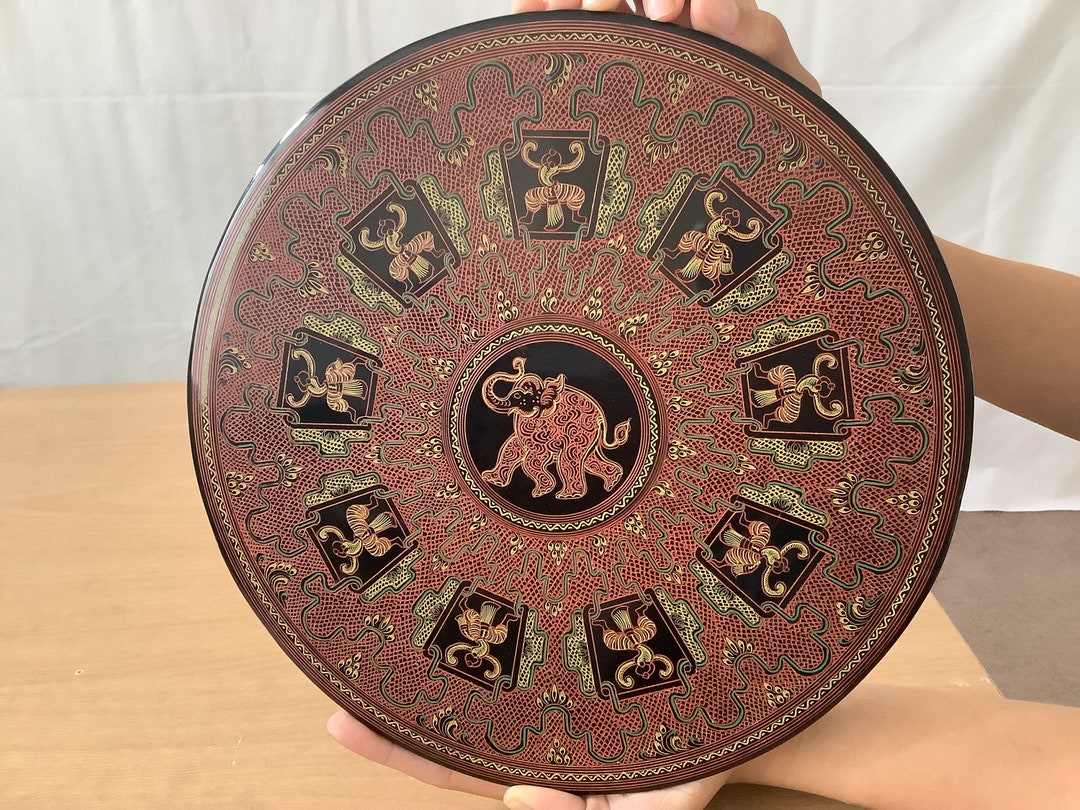 Burmese Lacquered Burmese Zodiac Handmade Food Serving Plate Mat Circle ...