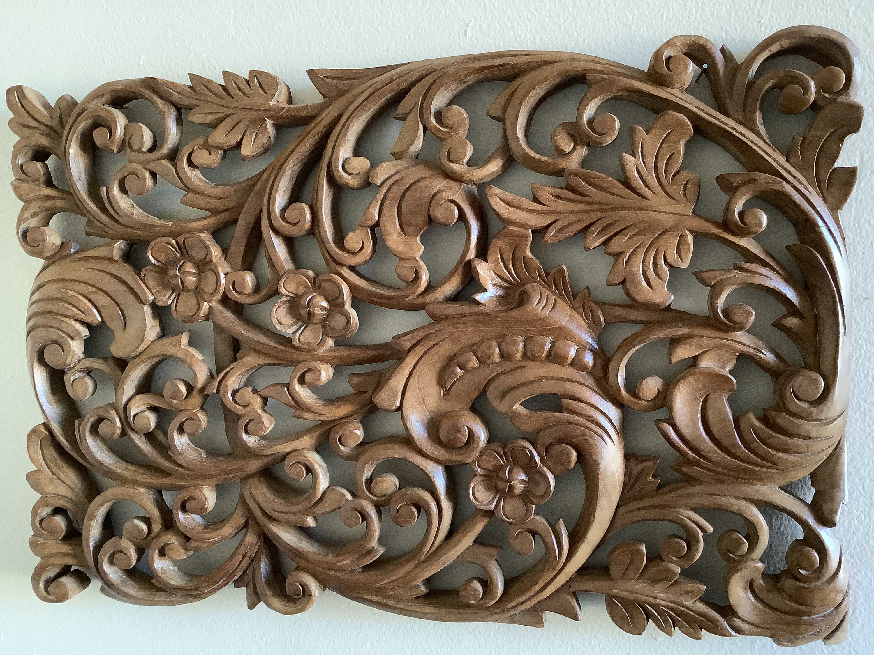 Burmese Handmade Timber Wooden Carved Square of Floral Decorations ...