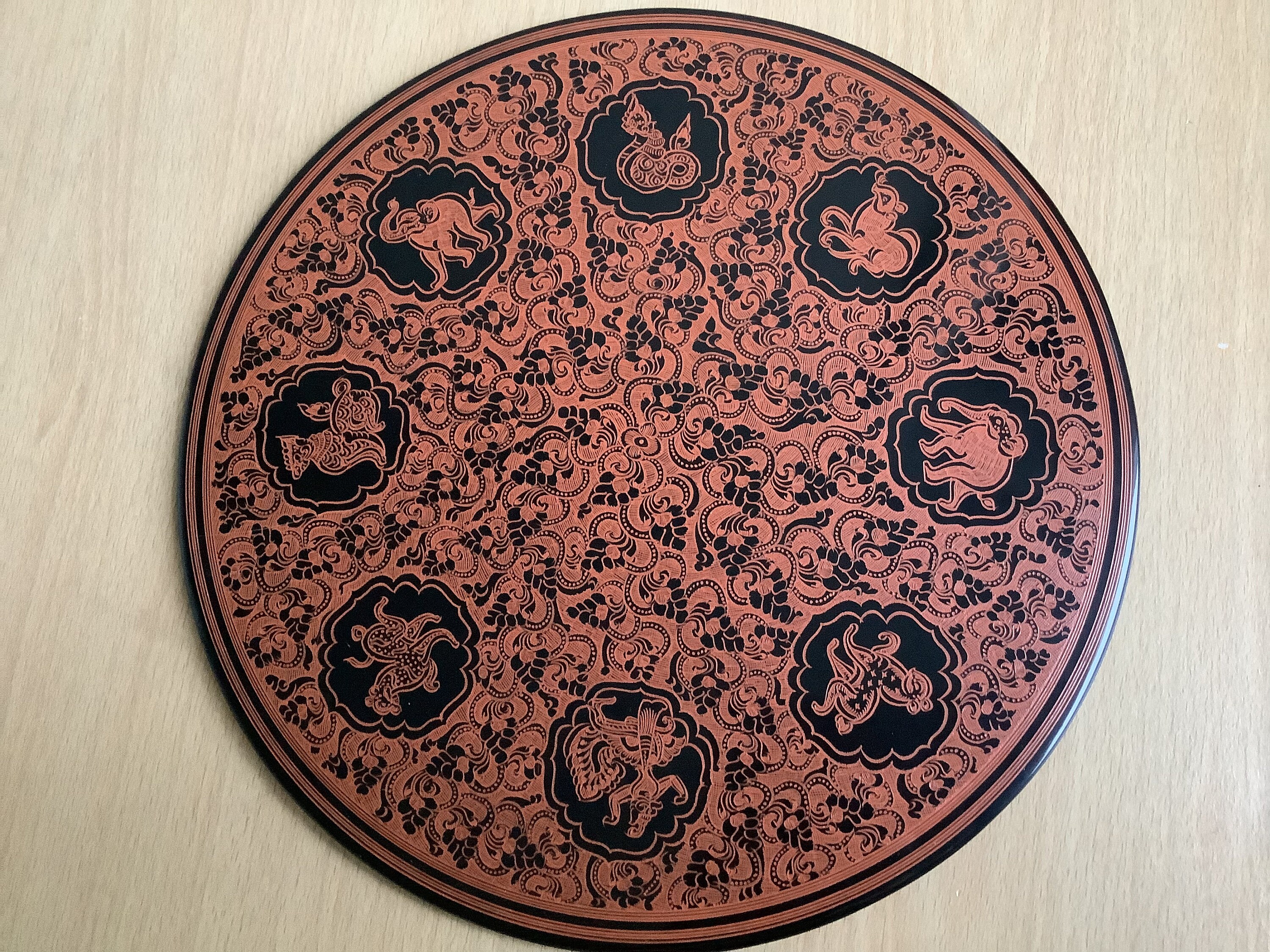 Burmese Lacquered Burmese Zodiac Sign Circle With Big Flowers of ...
