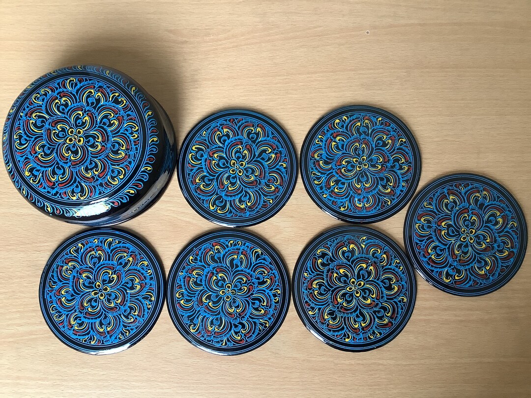 Handmade Burmese Lacquerware Circle Coasters With Flower Painting (set ...