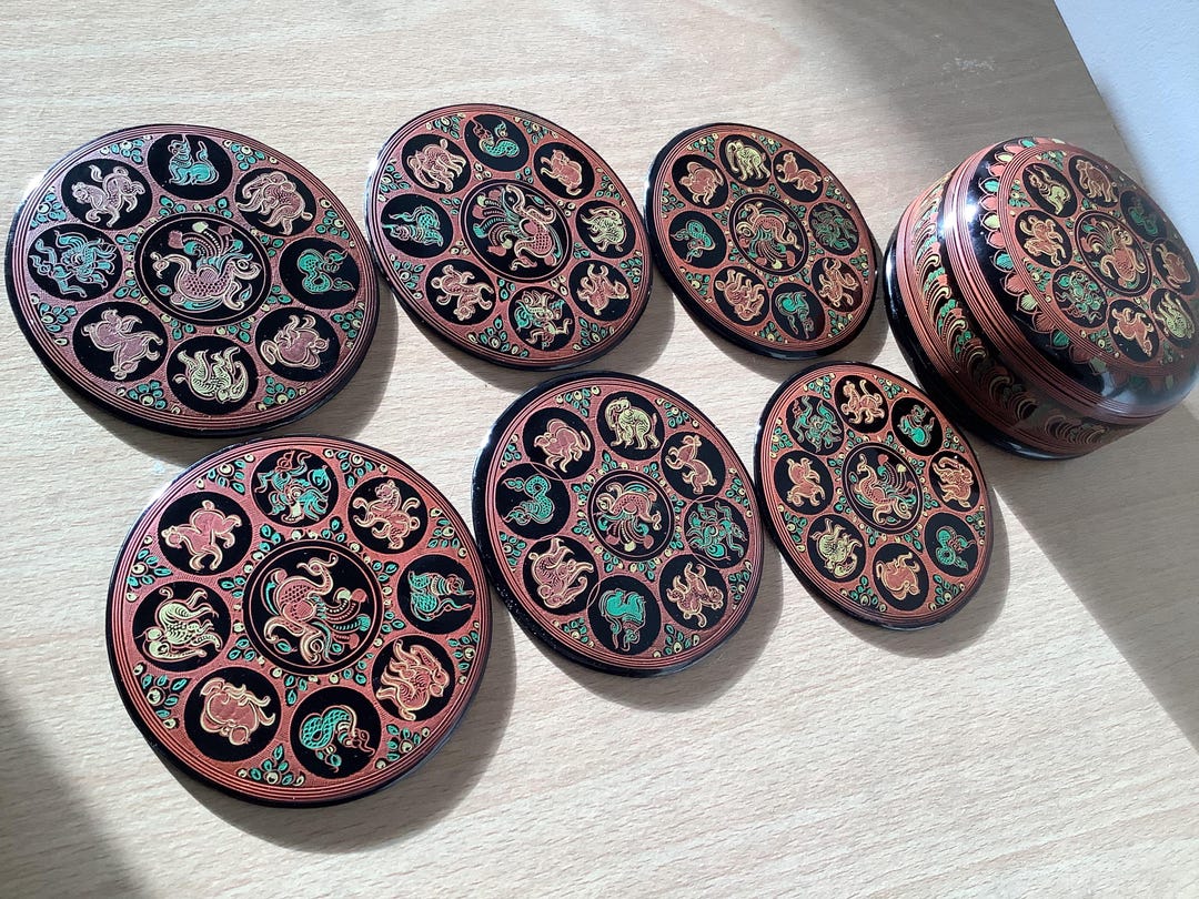 Handmade Burmese Lacquerware Circle Coasters With Burmese Zodiac ...