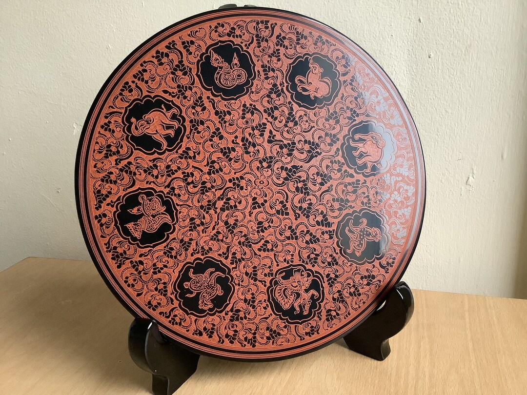 Burmese Lacquered Burmese Zodiac Sign Circle With Big Flowers of ...