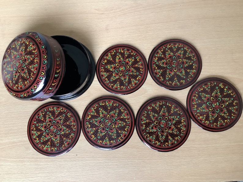 Handmade Burmese Lacquerware Circle Coasters With Flower Painting (set ...