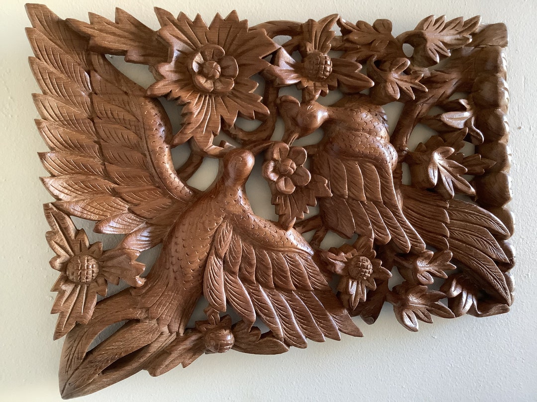 Burmese Handmade Timber Wooden Carved Square of a Couple of Birds ...