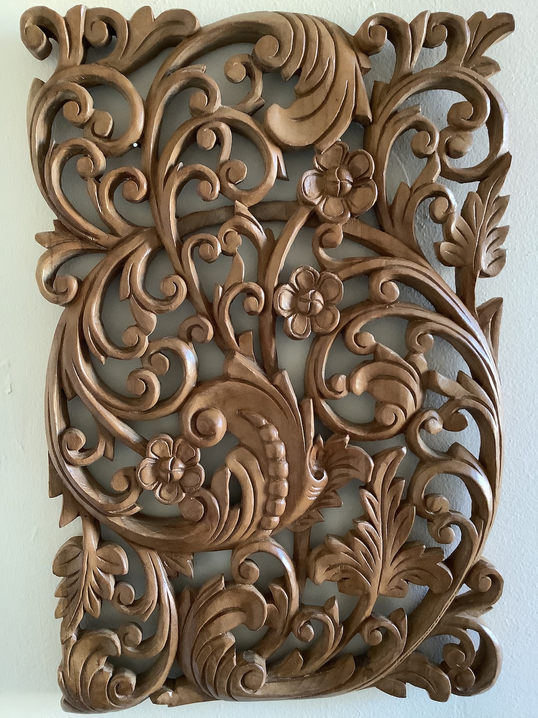 Burmese Handmade Timber Wooden Carved Square of Floral Decorationslarge ...