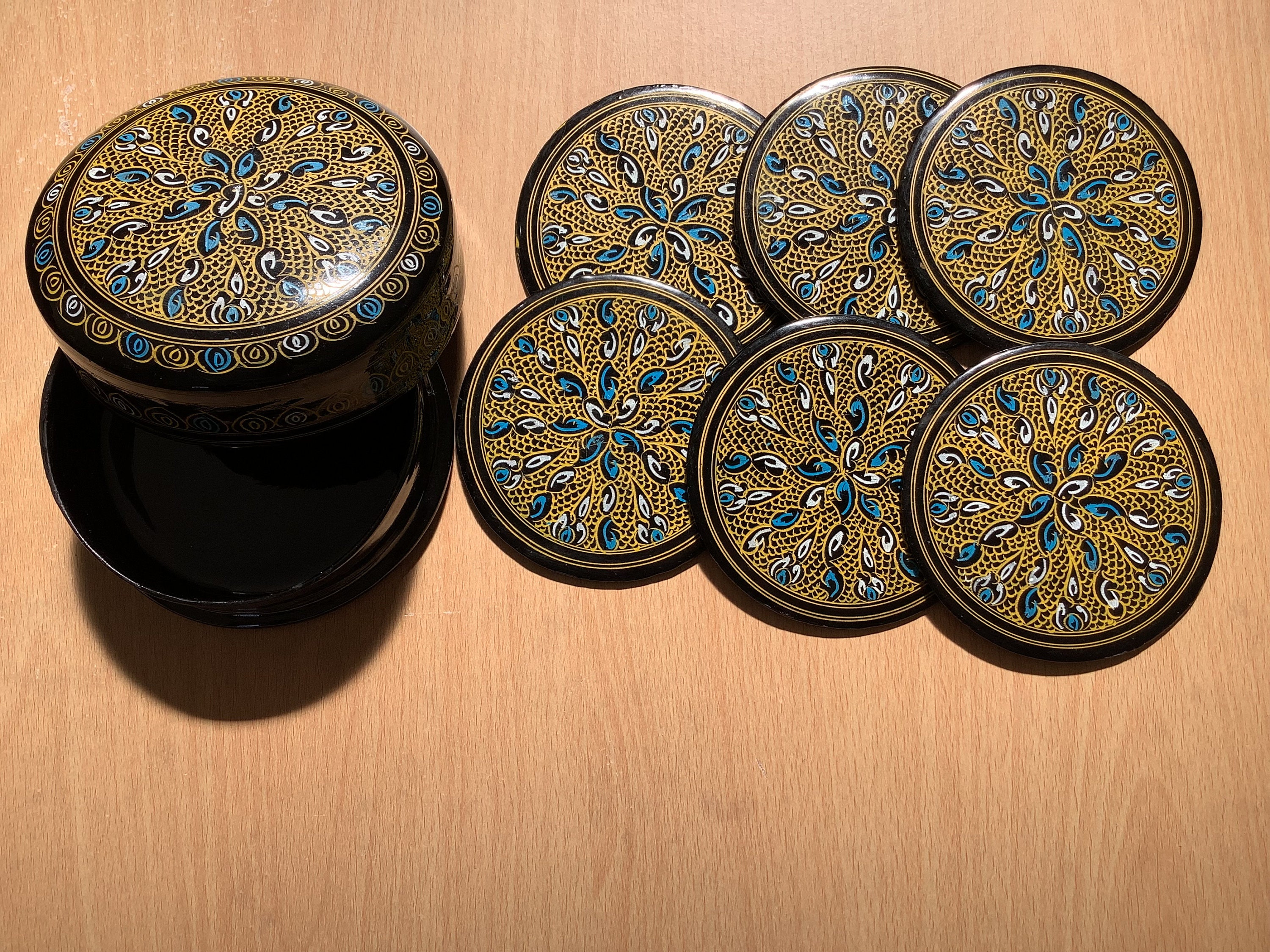 Handmade Burmese Lacquerware Circle Coasters With Burmese Peacock Tail ...