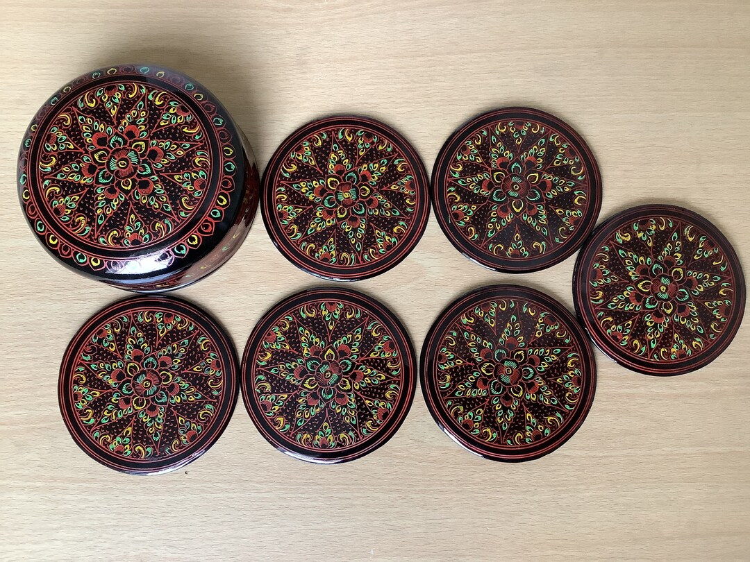 Handmade Burmese Lacquerware Circle Coasters With Flower Painting set ...