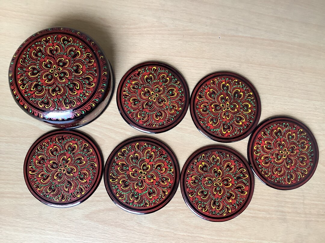 Handmade Burmese Lacquerware Circle Coasters With Flower Painting (set ...