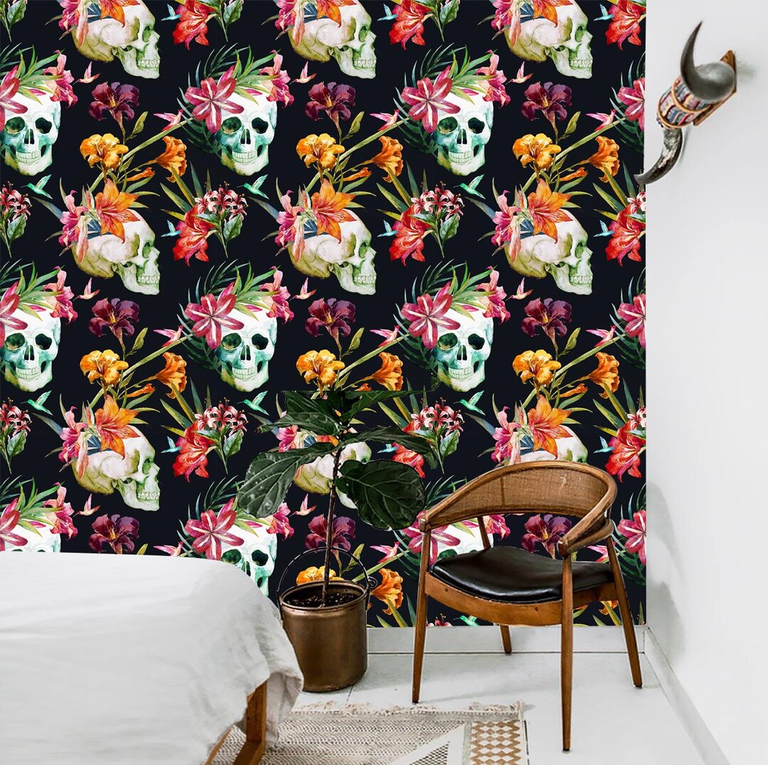 Removable Wallpaper Peel and Stick, Self-adhesive , Skull and Roses ...