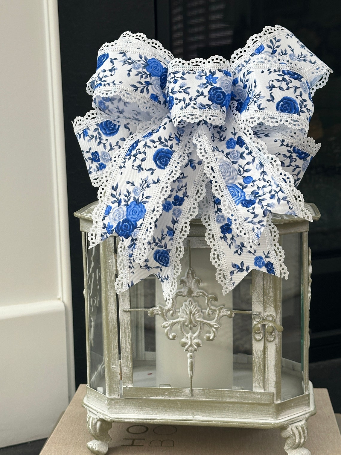 Blue Toile Blue Chinoiserie Wreath Bow Lantern Bow Handmade Bow Toile ...