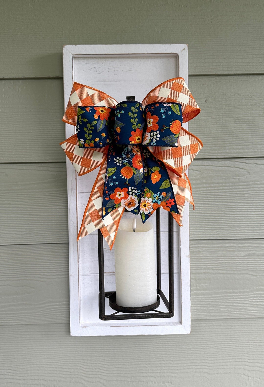 Small Wreath Bow Lantern Bow Navy Fall Ribbon Orange and Navy Bow Door ...