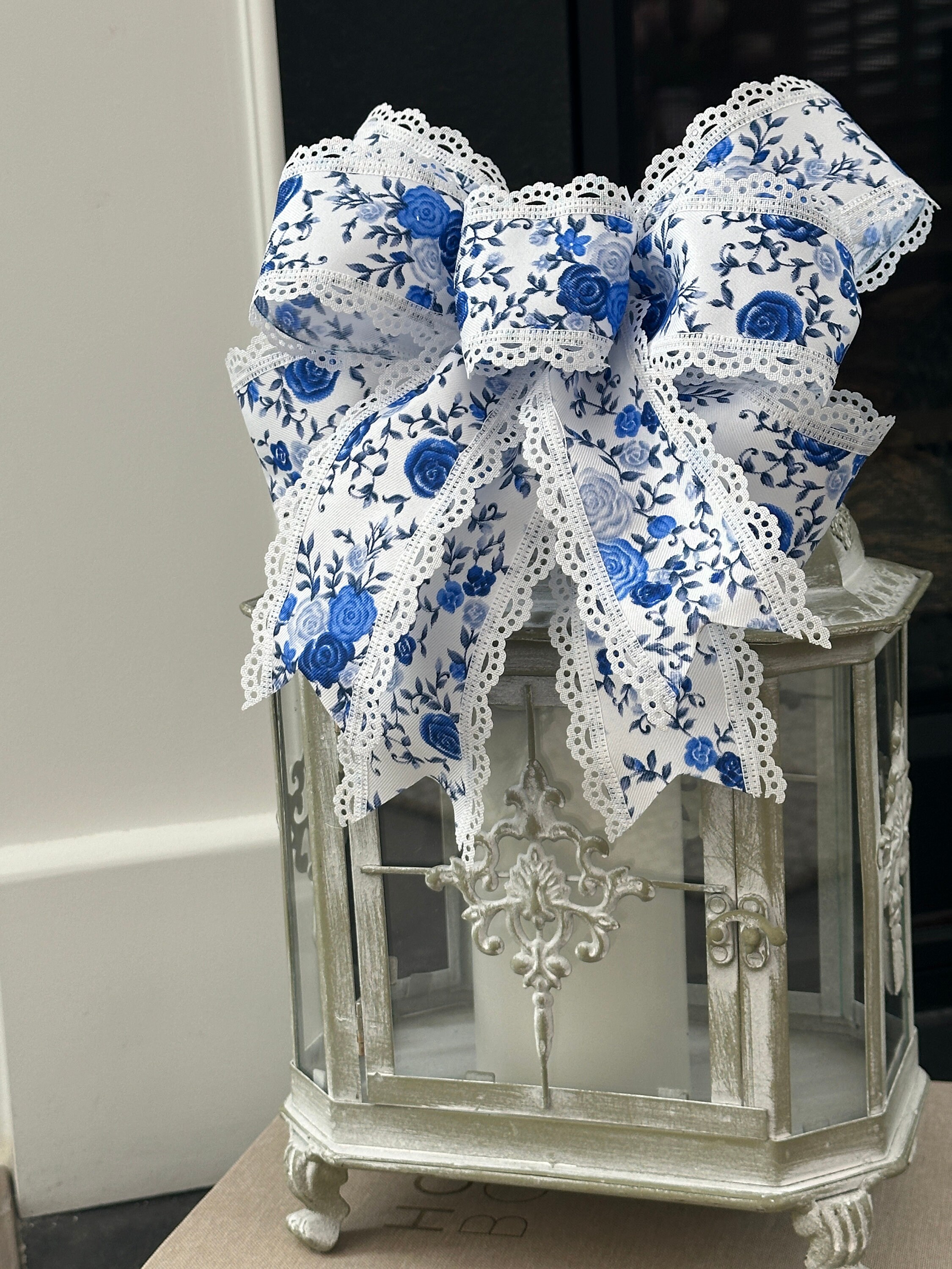 Blue Toile Blue Chinoiserie Wreath Bow Lantern Bow Handmade Bow Toile ...