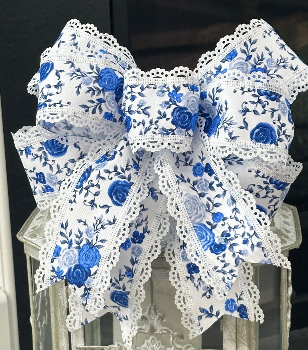 Blue Toile Blue Chinoiserie Wreath Bow Lantern Bow Handmade Bow Toile ...