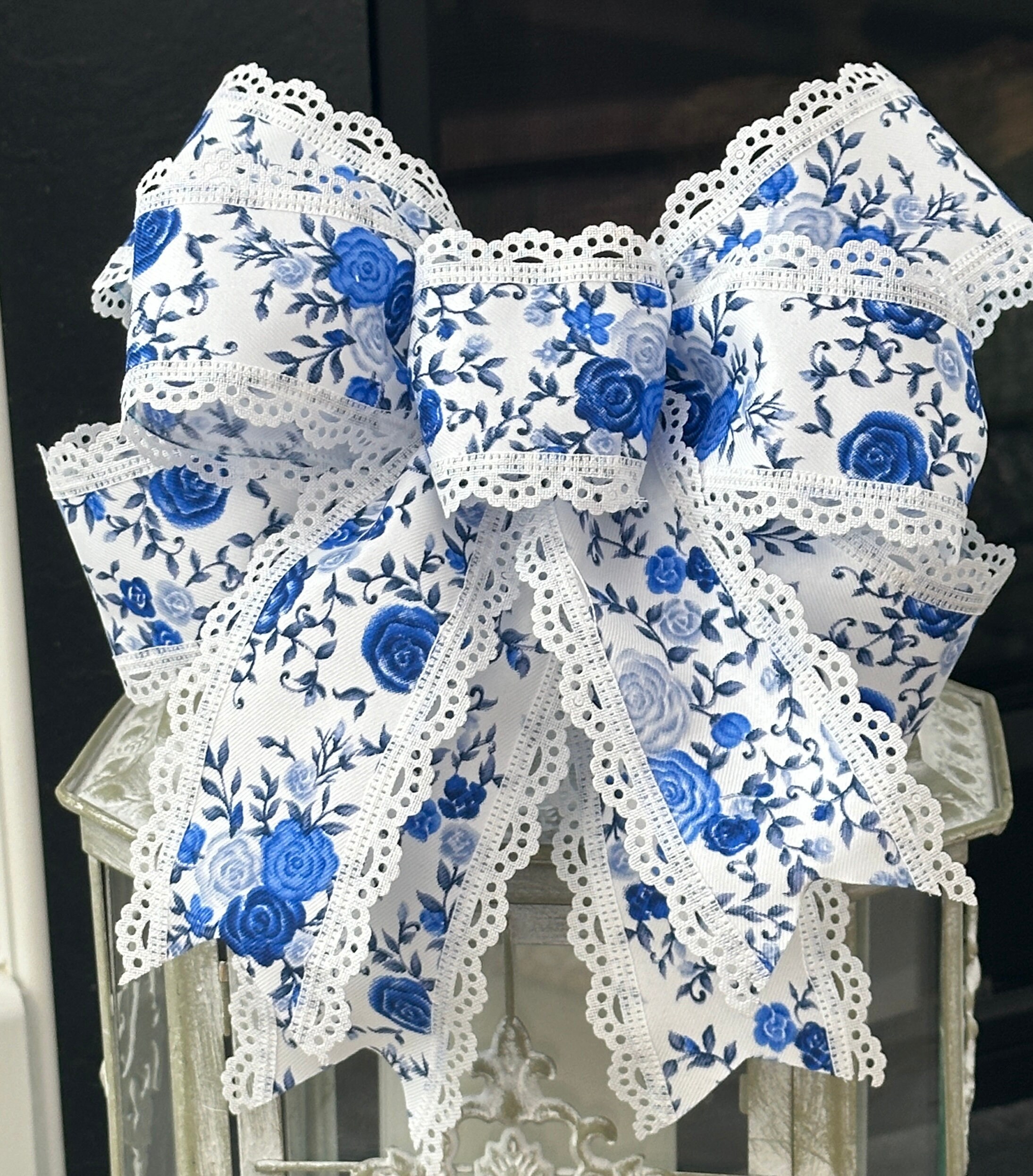 Blue Toile Blue Chinoiserie Wreath Bow Lantern Bow Handmade Bow Toile ...