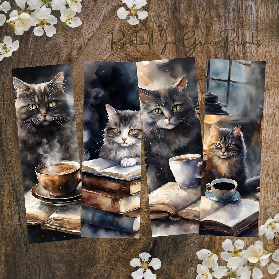 Books and Cats Printable Bookmarks Coffee and Cat Watercolor Bookmarks ...