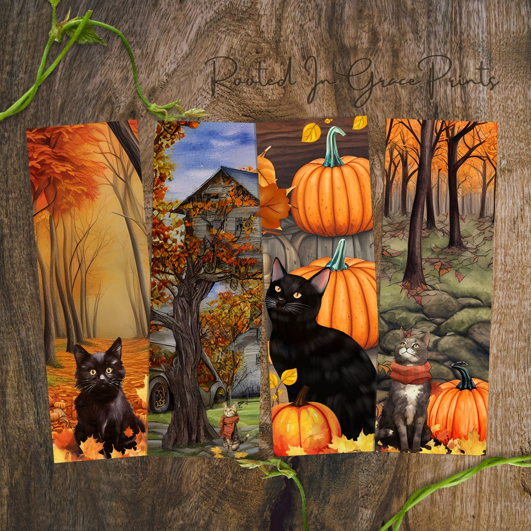 Fall Cats Printable Bookmark Set Black Cat Halloween Printable Fall ...