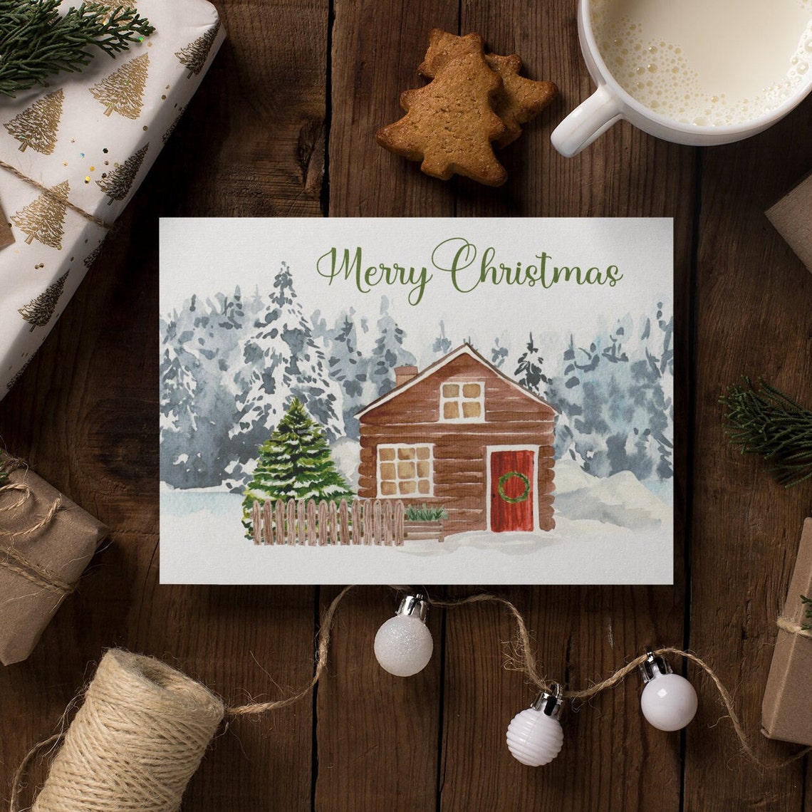 Printable Christmas Card Watercolor Winter Cabin 7x5 - Etsy