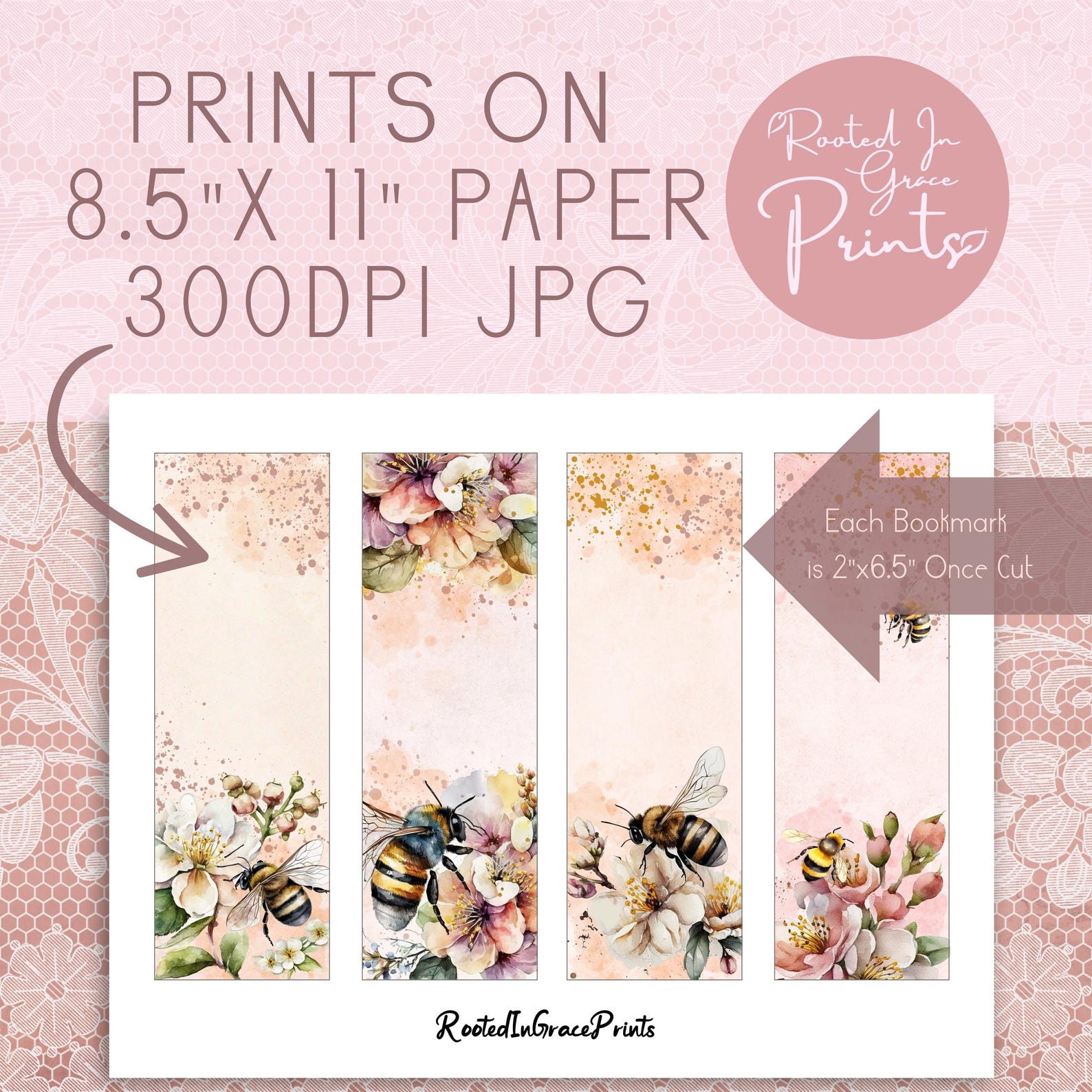 Honeybees Printable Bookmarks Flowers and Bees Bookmark Honeybees Pink ...