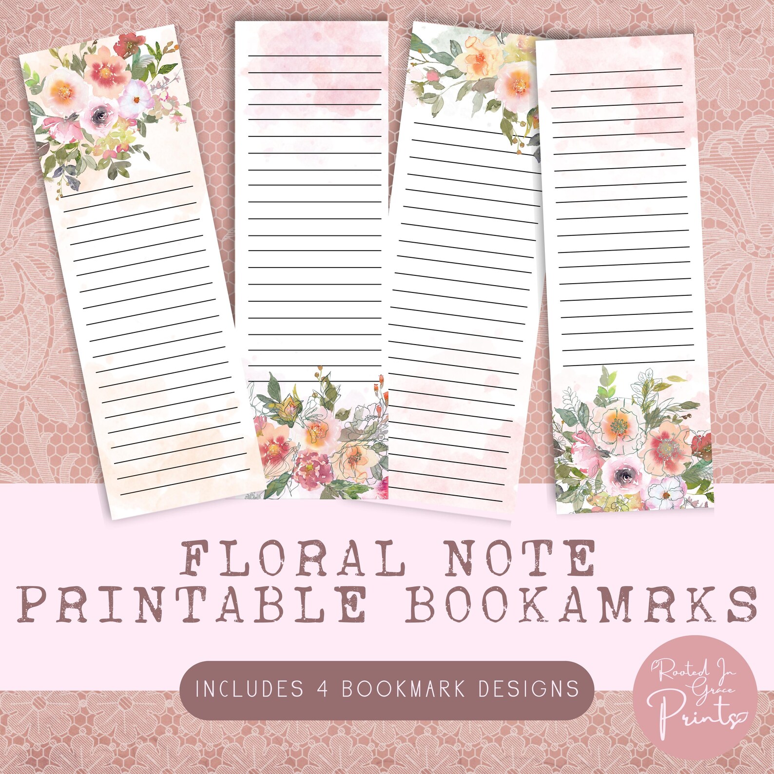 Floral Note Bookmark Printable Lined Note Taking Bookmark Printable ...