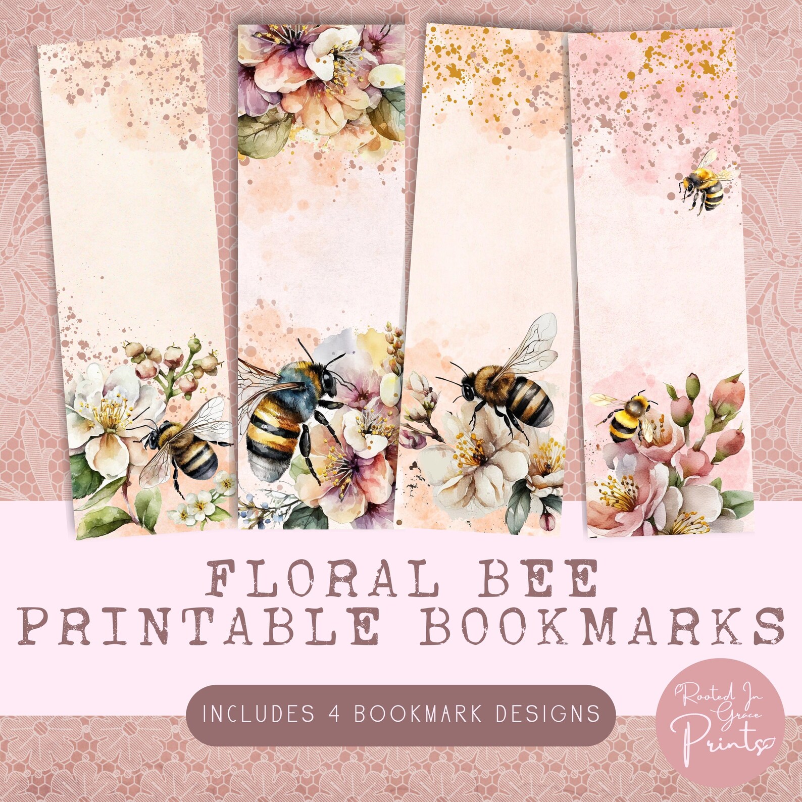 Honeybees Printable Bookmarks Flowers and Bees Bookmark Honeybees Pink ...