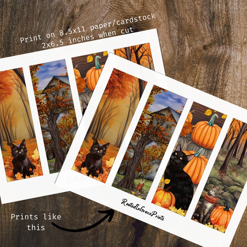 Fall Cats Printable Bookmark Set Black Cat Halloween Printable Fall ...