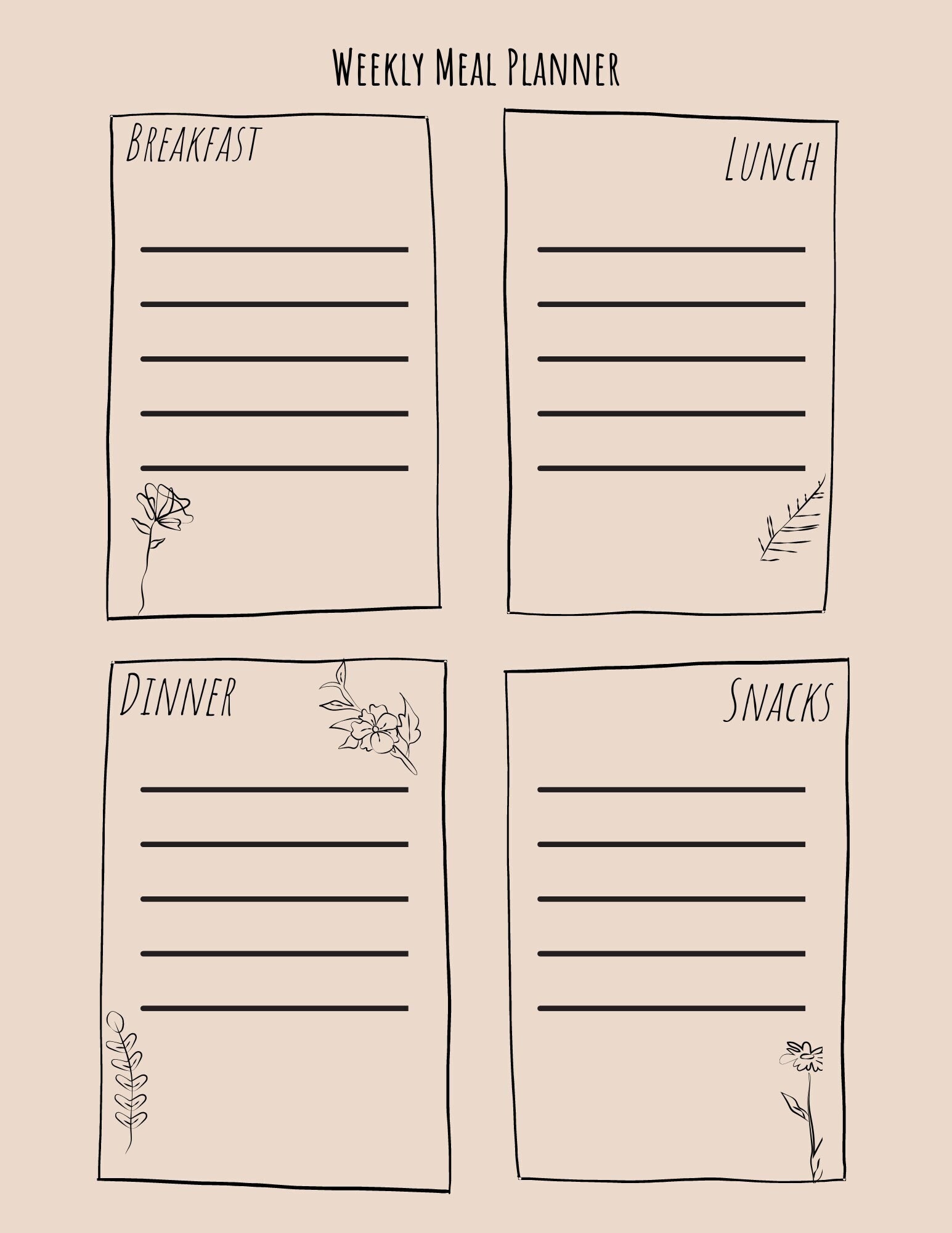 Minimalistic, Boho, Weekday Meal Planner. Printable Download, One Page ...
