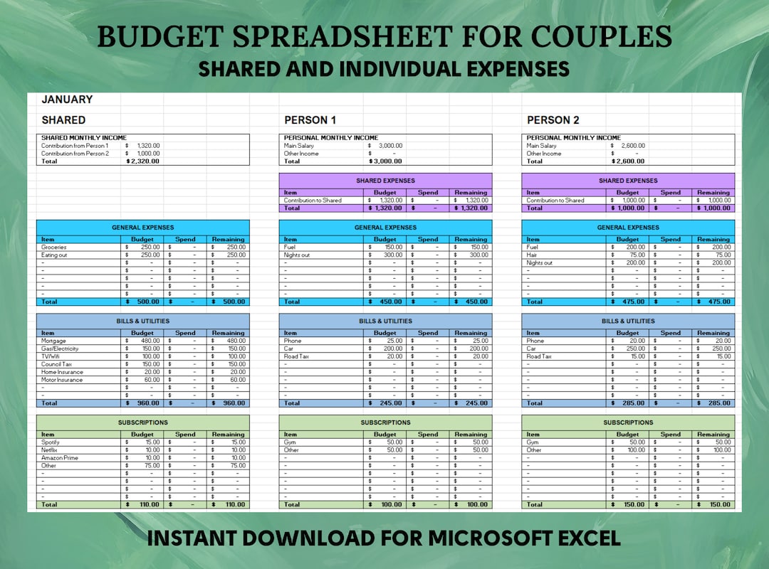 Couples Budget Spreadsheet Monthly and Annual Summary Shared - Etsy