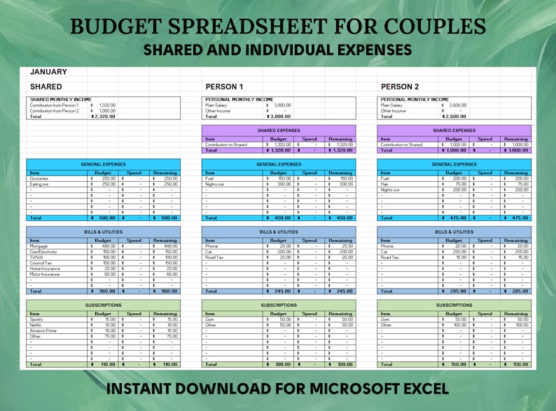 Couples Budget Spreadsheet Monthly and Annual Summary Shared - Etsy