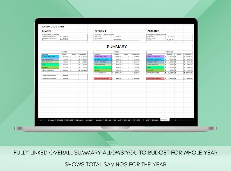 Couples Budget Spreadsheet, Monthly and Annual Summary, Shared ...