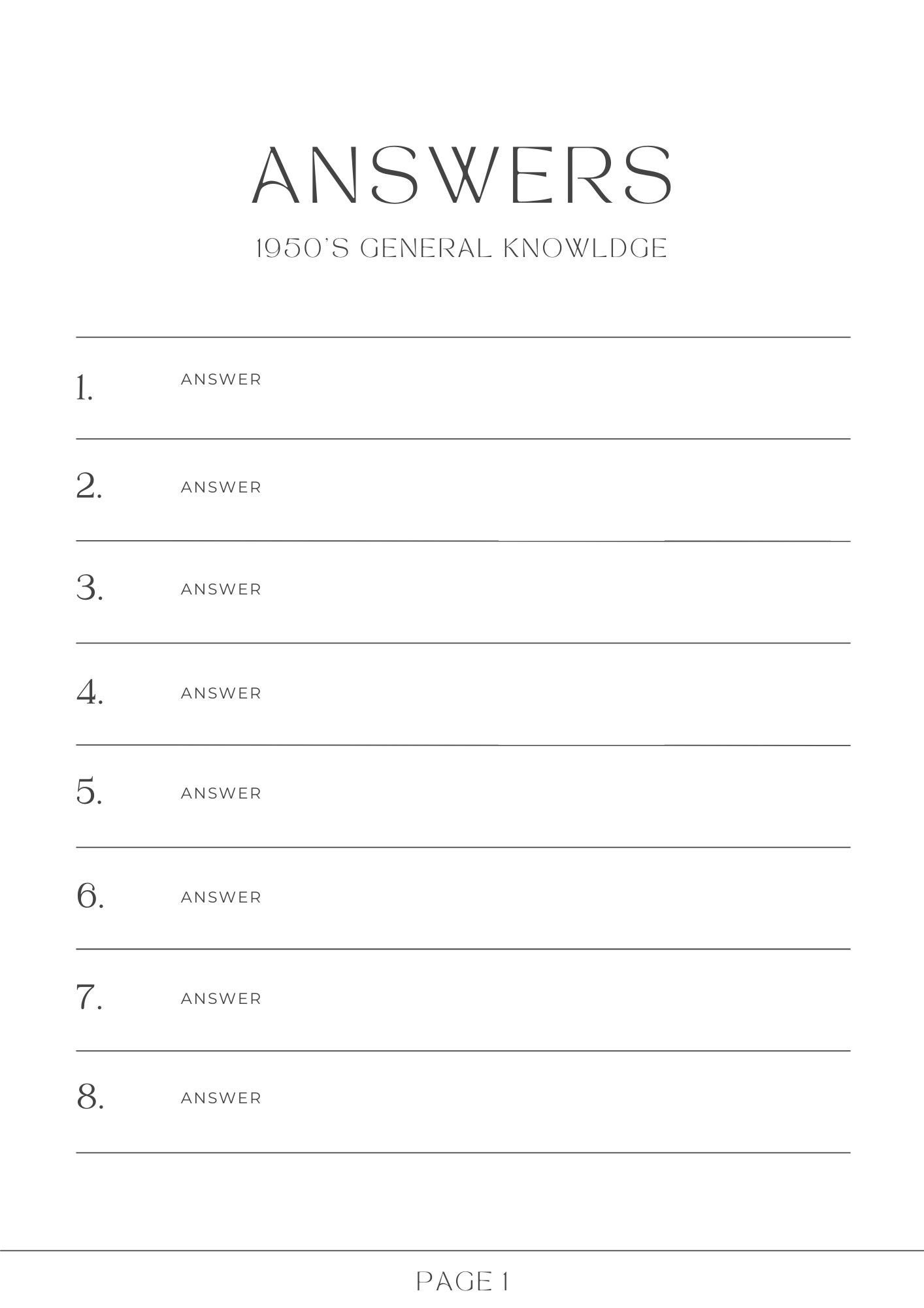 1950 General Knowledge Quiz Printable Digital Download Retro Trivia Fun ...